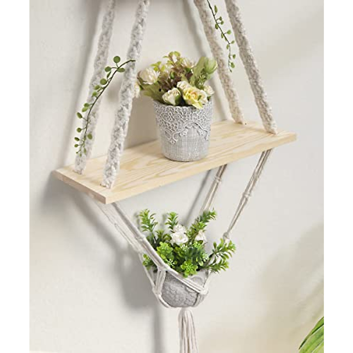 Afuly Macrame Hanging Shelves 2 Tiers Floating Shelf Natural Wood Wall Shelves Chic Boho Decor, Pine Wood Cotton Rope Bohemian Floating Plants Storage for Bedroom Bathroom Living Room, Beige