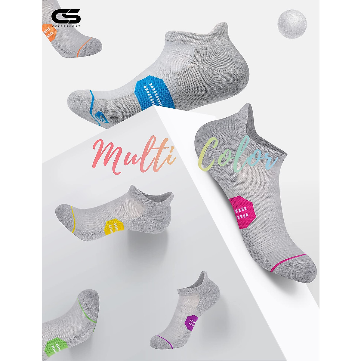 CS CELERSPORT 6 Pack Women's Ankle Running Socks Cushioned Low Cut Tab Athletic Socks, Grey Mixed, Small