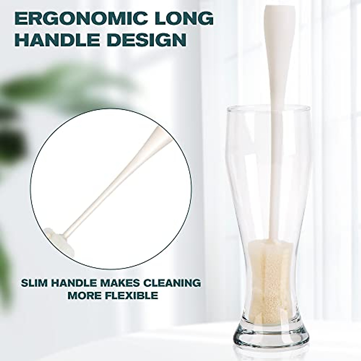 BEDELITE Water Baby Bottle Brush Cleaner, Long Handle Sponge Cleaning Brush, Bottle Cleaner Brush with Straw Cleaner for Washing Baby Bottles, Glasswares, Narrow Cup, Beige, 1 Pack