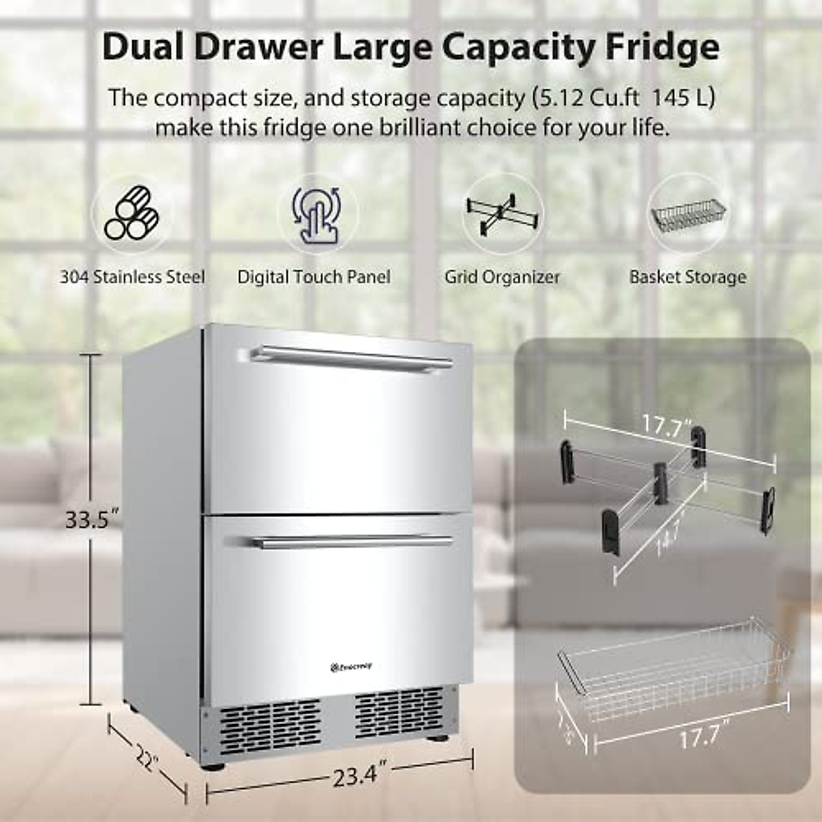 24 Inch Indoor Under Counter Drawer Fridge Stainless Steel Undercounter Refrigerator Freestanding Outdoor Fridge for Home Built-in Commercial Beverage Refrigerator with Dispenser and Digital Display