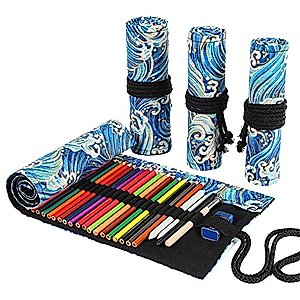 DIYOMR 24/36/72 Slots Pencil Wrap Pencil Rolls, Artist Colored Pencils Roll Up Bag Short Brushes Pouch Case Pencils Organizer for Drawing Coloring and Sketching (Blue Ocean, 72slots)
