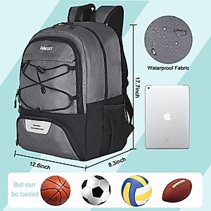 DAFISKY Youth Soccer Backpack - Soccer Bag with Shoes and Ball Compartment Sports Bag for Basketball Volleyball Football, Gray