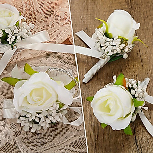 Geosar 12 Pcs Wedding White Corsage and Boutonniere Set for Bride, Bridesmaid, Includes 6 Artificial Corsage Wristlet and 6 Boutonniere for Men Wedding Wrist Corsage Rose Prom Suit Decorations