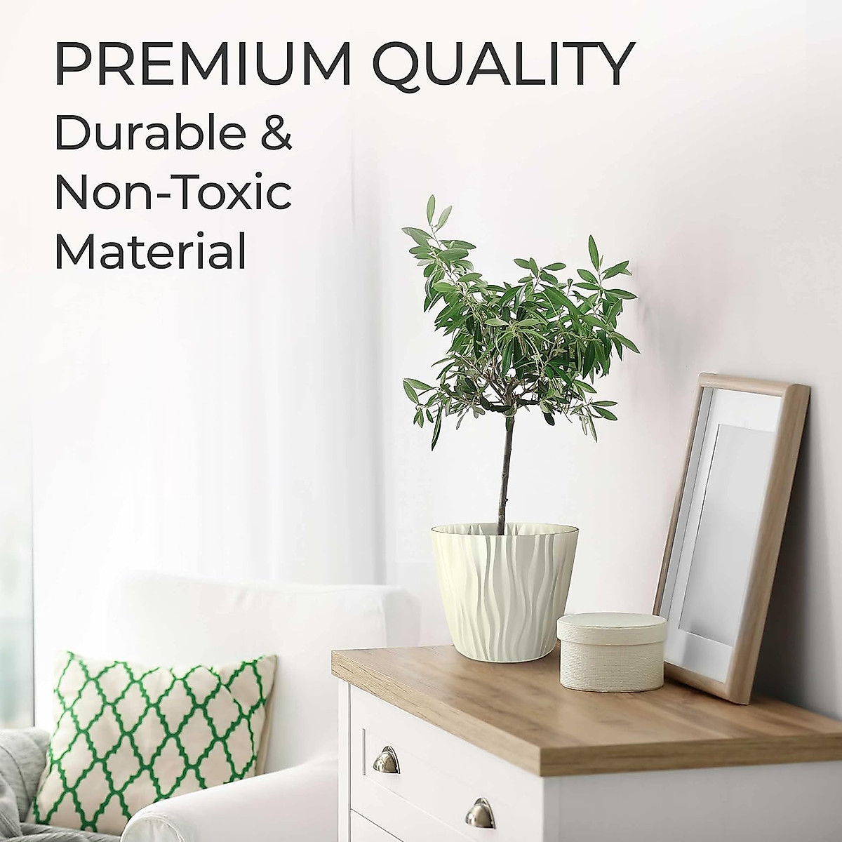 Mueller European-Made 5/1 Plant Pots 6/7.5/9.2" - Flower Pots Set with Inner Drainage for Indoor and Outdoor Use - Modern Decorative Planters for Plants, Flowers, and Herbs - Beige