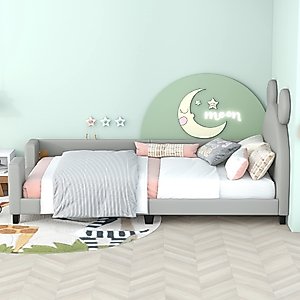 Acosure Twin Size PU Leather Upholstered Daybed with Carton Ears Shaped Headboard,Cute Wood Bed-Frame for Boys Girls,Children Bedroom Furniture,Easy to Assemble,Grey