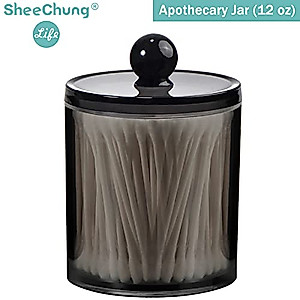 6 Pack of 12 Oz. Qtip Dispenser Apothecary Jars Bathroom with Labels - Qtip Holder Storage Canister Clear Plastic Acrylic Jar for Cotton Ball,Cotton Swab,Cotton Rounds,Floss Picks, Hair Clips (Black)