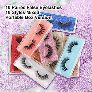 False Eyelashes Wispy 18mm Natural 3D Faux Mink Lashes Pack 10 Pairs 10 Styles Mixed Soft Reusable Fake Eyelashes Bulk with Glitter Portable Boxes