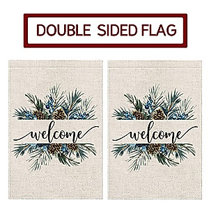 Dsben Welcome Winter Garden Flag 12x18 Inch Double Sided, Pine Twigs Rustic Farmhouse Decoration for Seasonal Christmas Wedding Yard Outdoor