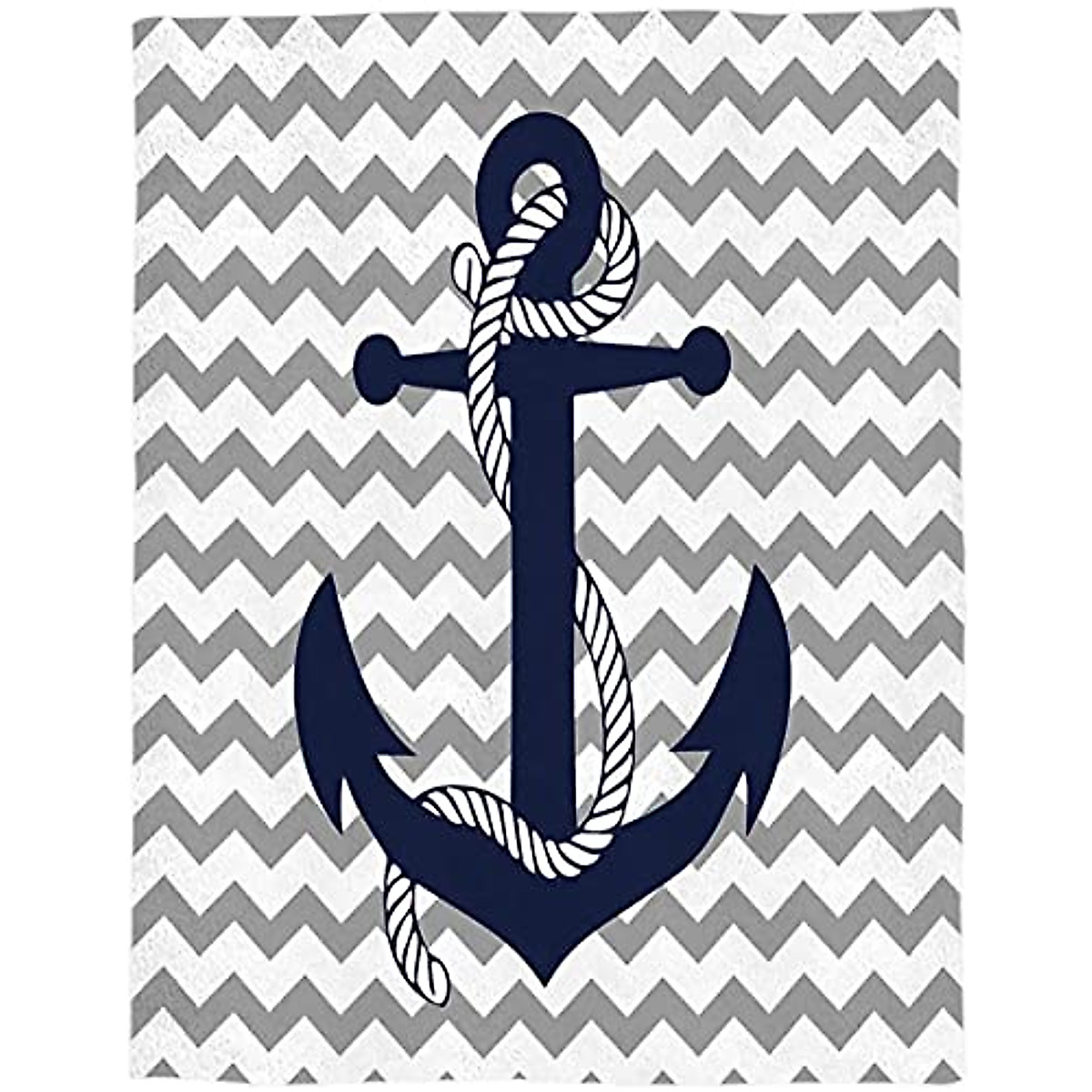 Flannel Fleece Luxury Lightweight Cozy Couch/Bed Super Soft Warm Plush Microfiber Throw Blanket,Nautical Navy Anchor with Gray and White Chevron (40 x 50 Inches)