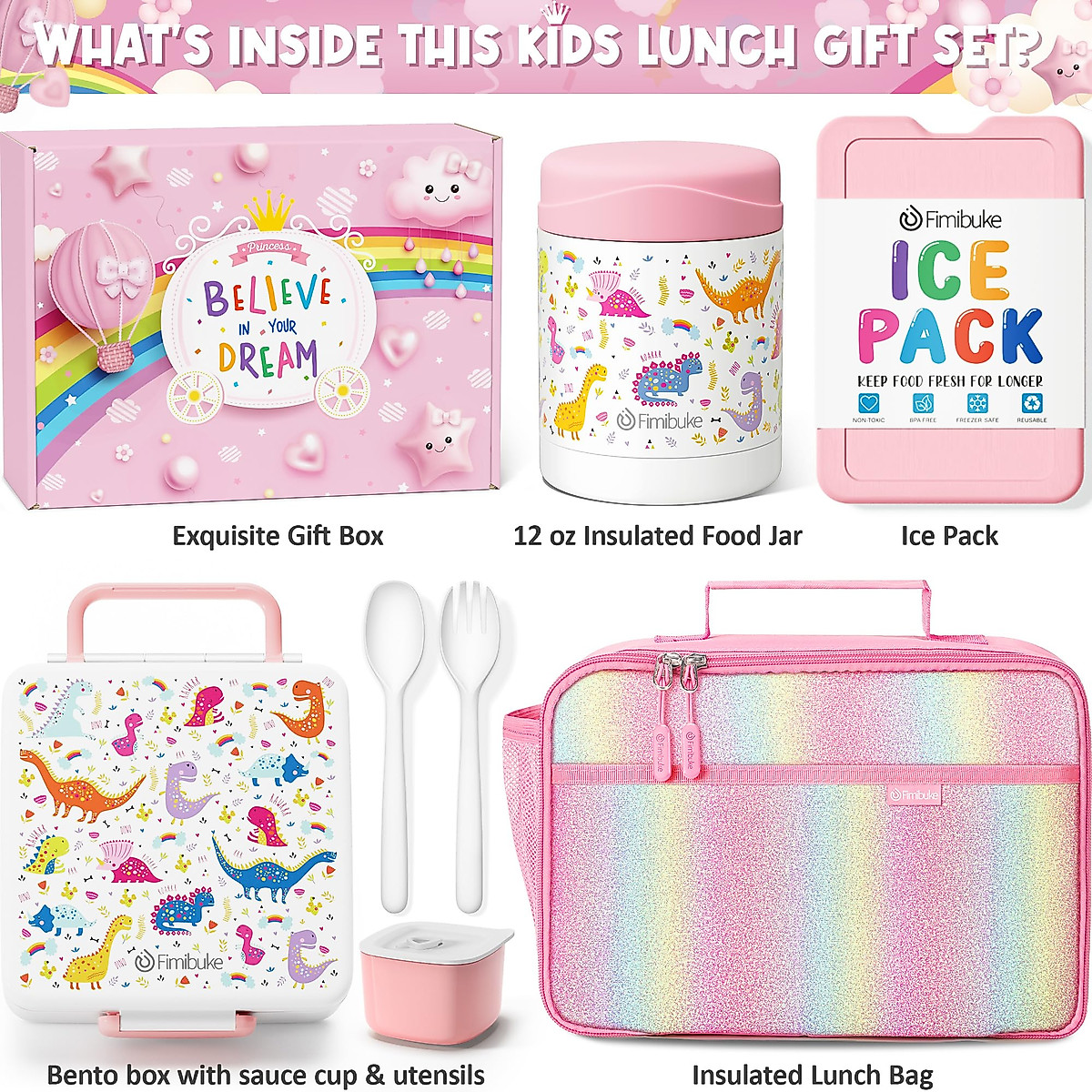 Fimibuke Kids Bento Snack Lunch Box with 4 Compartment, Insulated lunch Bag, Stainless Steel Vacuum Thermos Food Jar, Ice Pack, Utensils Set, Birthday Gift for Age 3-12 Back to School Toddler Girl Boy