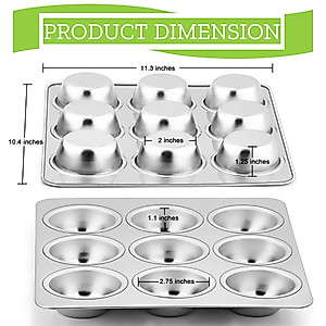 Herogo 2 Pack Stainless Steel Muffin Pan Tin for Baking, 9-Cup Metal Nonstick Cupcake Molds Tray Set for Making Egg Muffin, Mini Brownie, Easy to Clean & Quick Release, Oven & Dishwasher Safe