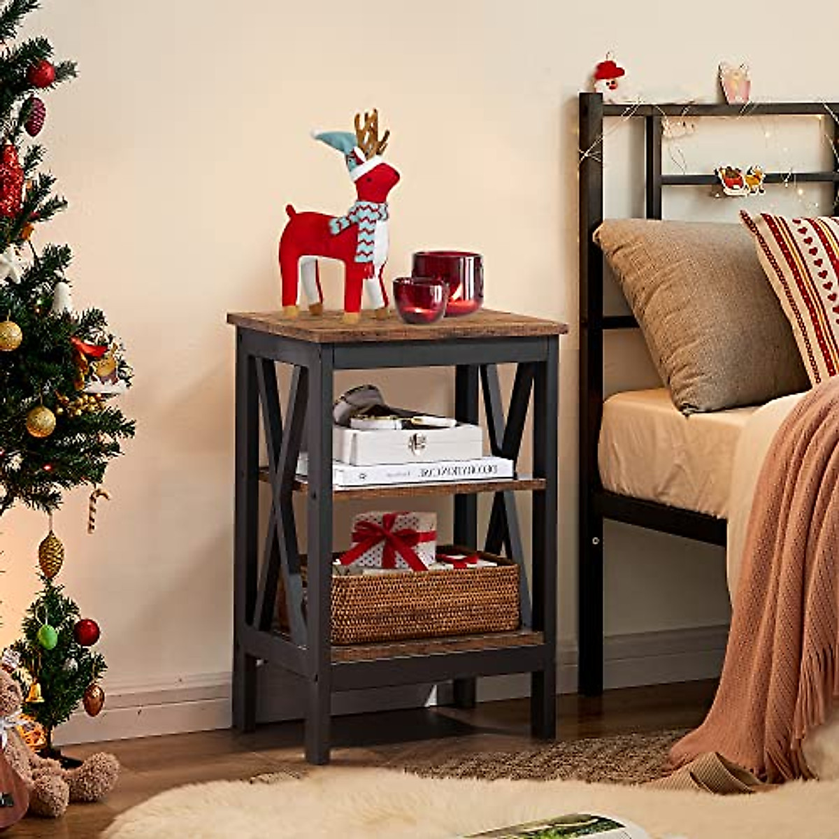 VECELO Modern Nightstands X-Design Side End Table Night Stand with Storage Shelf for Bedroom,Living Room,Set of 2 (Brown A2)