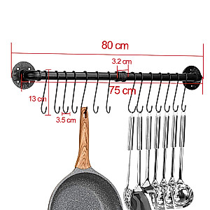 Toplife 31.5 inch Pot Rack, Kitchen Wall Mounted Detachable Pan Lid Utensils Organizer Hanging Rail with 14 Hooks, Black