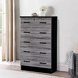 Pemberly Row Modern 5 Drawer Wooden Bedroom Dresser with Lock in Ebony