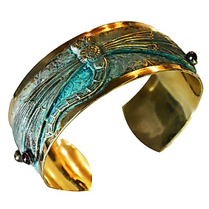 Elaine Coyne Collectible Artwear Patina Dragonfly Cuff Bracelet - Genuine Amethyst and Garnet - USA Made