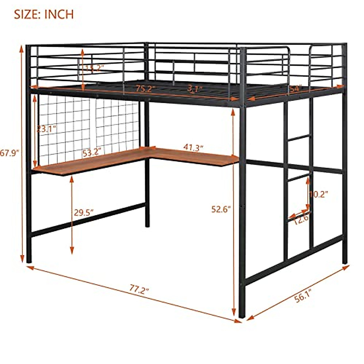 TMEOSK Full Size Metal Loft Bed Frame with L-Shape Desk and Decoration Metal Grid, Space Saving Loft Bed with Ladder and Safety Guardrail for Boys Girls Teens Adults, No Box Spring Needed (Black)