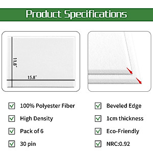 VANCORE 6 Pack Acoustic Panels 16"x 12"x 0.4" Sound Proof Padding, Sound Blocking Absorbing Padding for Wall Ceiling Acoustic Treatment for Home Office Decoration, White