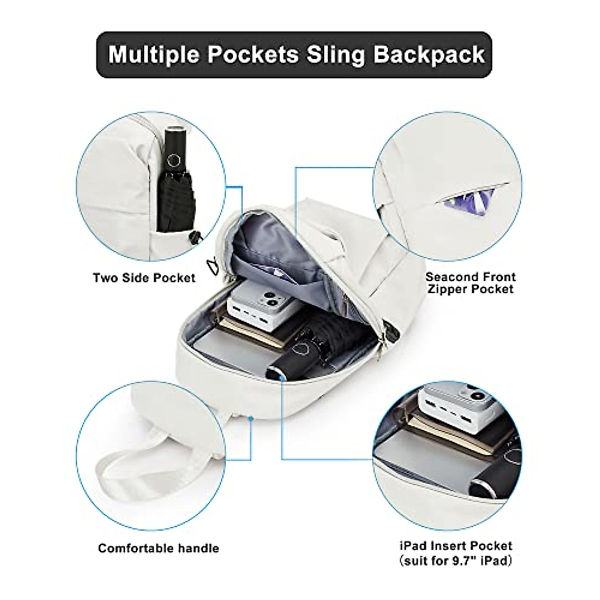 SEAFEW Tactical Backpacks Small Sling Bag Crossbody Backpack Shoulder Bag for Men Women, Multipurpose Anti-Theft Cross Body Chest Bags, One Strap Backpack for Walking Biking Travel Cycling White