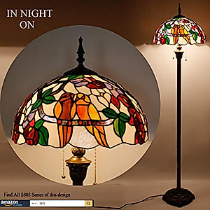WERFACTORY Tiffany Floor Lamp Red Amber Tulip Flower Stained Glass Standing Reading Light 16X16X64 Inches Antique Pole Corner Lamp Decor Bedroom Living Room Home Office S030 Series