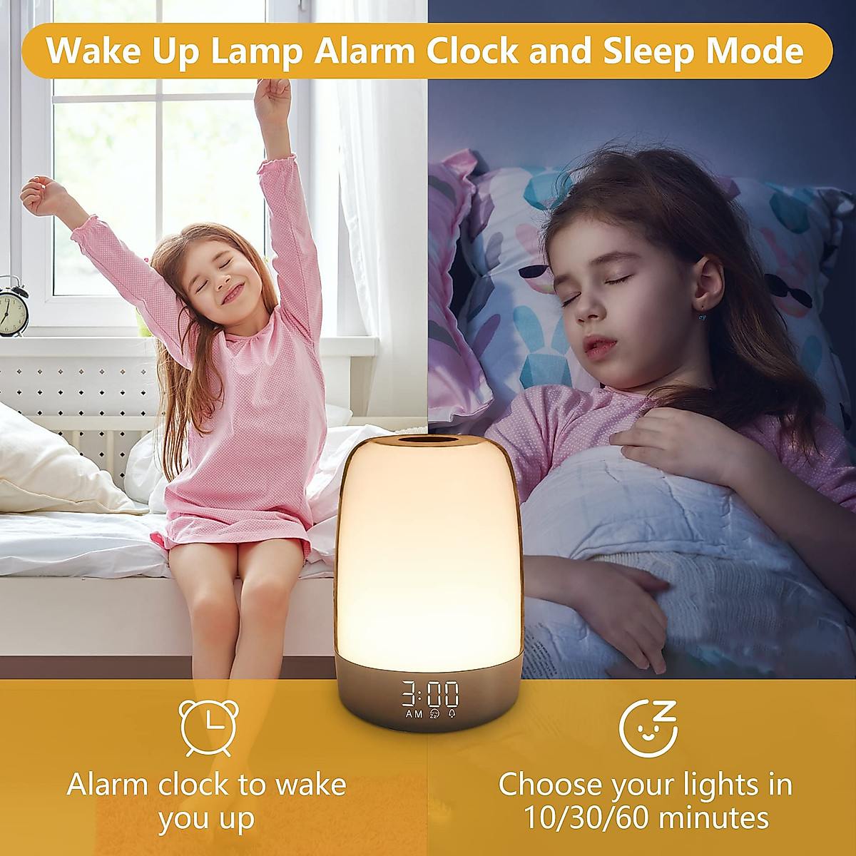 Firacer Touch Wake Up Night Light, Sunrise Alarm Clock, RGB Color Dimmable Small Beside Lamps for Bedrooms, Warm White Light with Sleep Aid Snooze Timer, for Kids, Friends Gift