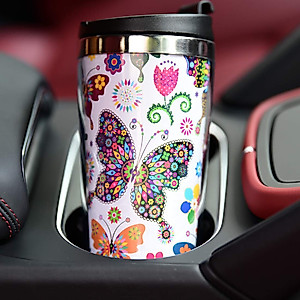 NVJUI JUFOPL Women Butterflies Flowers Travel Coffee Mug 15 oz, With Flip Lid, Stainless Steel, Water Bottle Cup for Mom Aunt Girl
