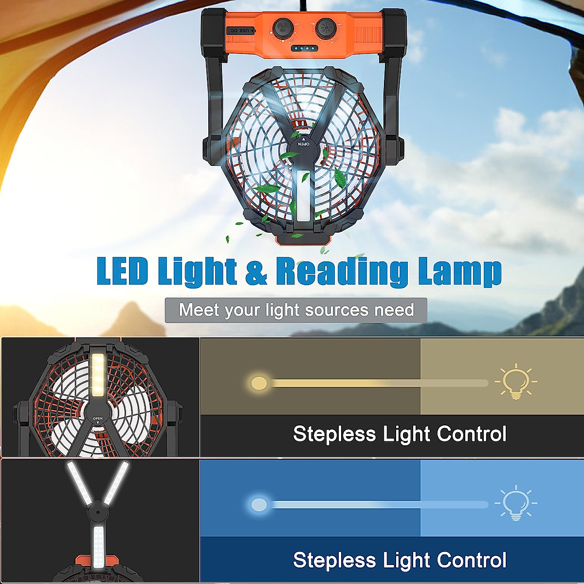 trekkinglamb 8000mAh 3 Speed Battery Powered Fan with Hook Handle, Personal Fan Camping Fan for Tent Camping Hiking Power Outage, Rechargeable Fan Camping with Reading Lamp Led Lantern