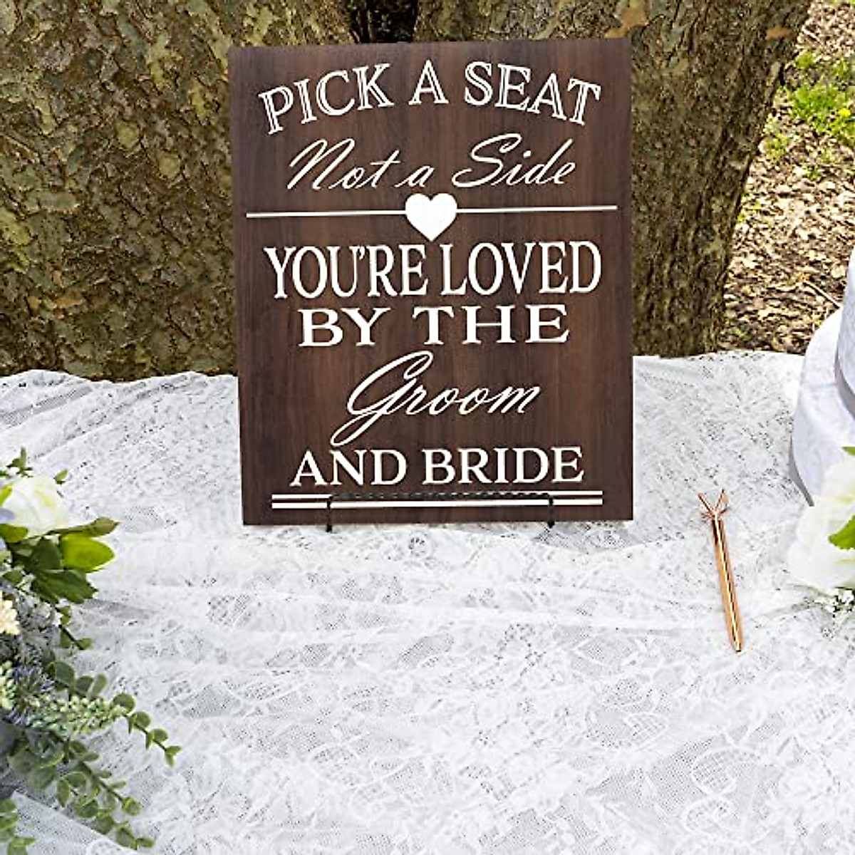 JennyGems Pick a Seat Not A Side Sign You Are Loved by the Groom and Bride, Wedding Signs and Decor for Ceremony, Brown Directional Signage, Made in USA