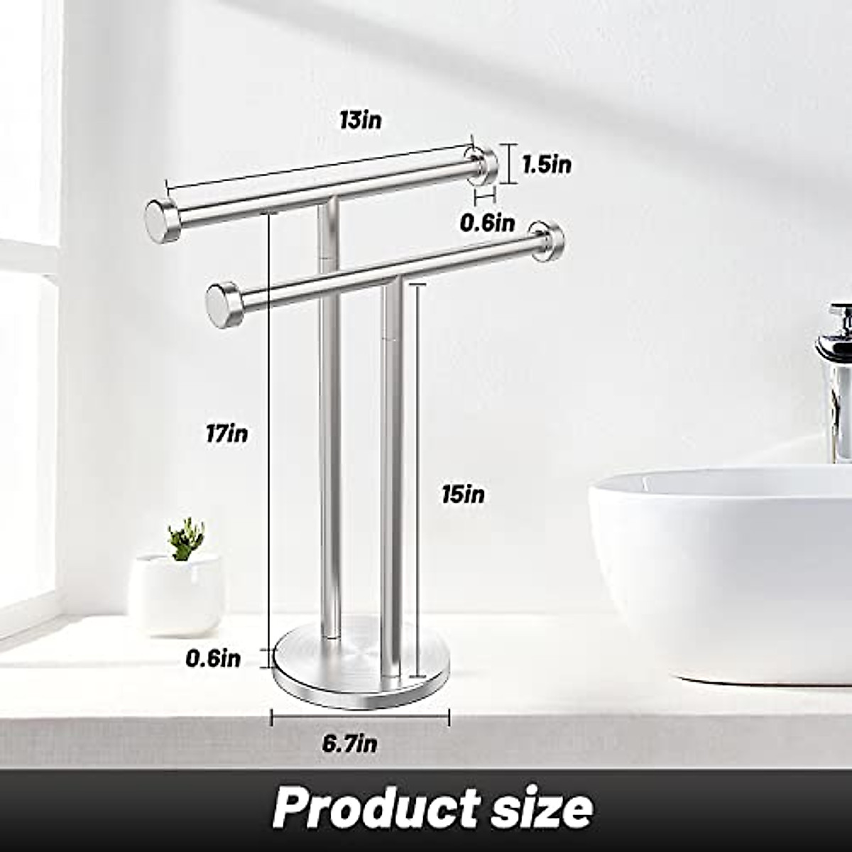 VEHHE Hand Towel Holder Stand, Double T-Shape Towel Rack Countertop with Suction Cups, Free Standing Towel Holder for Bathroom, Kitchen and Vanity, Waterproof Hand Towel Stand Made of Stainless Steel