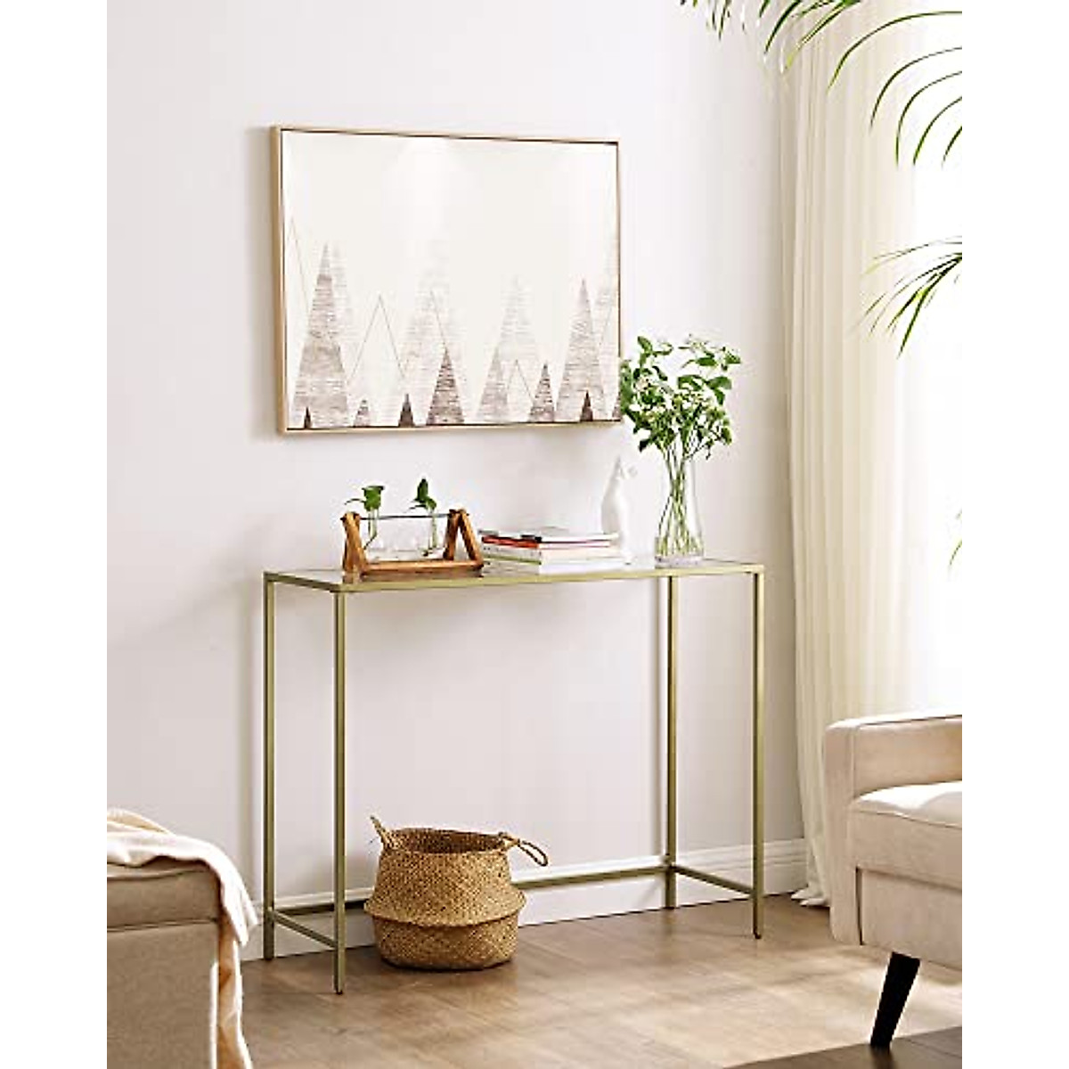 VASAGLE 39.4” Console Table, Tempered Glass Sofa Table, Modern Entryway Table, Metal Frame, Easy to Assemble, Adjustable Feet, for Living Room, Hallway, Gold Color ULGT26G