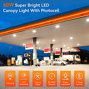 8Pack 60W LED Canopy Light with Photocell, 36W 48W 60W Adjustable, AC100-277V 8100LM 5000K/ 4000K/3000K Outdoor Carport Light Ceiling Light, IP65 Waterproof Commercial Canopy LED Lights, UL Listed