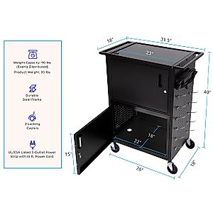 Line Leader Stellar AV Cart - Computer Cart with Customizable Pegboard & Hooks, Dual Locking Cabinets, UL Certified Power, Mobile Workstation with Locking Wheels, Ideal for Laptop & Charger Storage