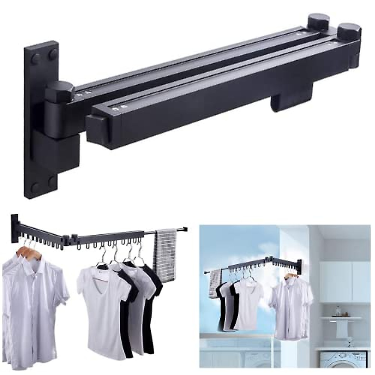 MYOYAY Wall Mounted Folding Clothes Hanger Space-Saver, Indoor/Outdoor Adjustable Clothes Drying Rack, 220 LBS Retractable Dry Coat Hanger for Laundry Room, Storage Organiser Instant Closet,Black