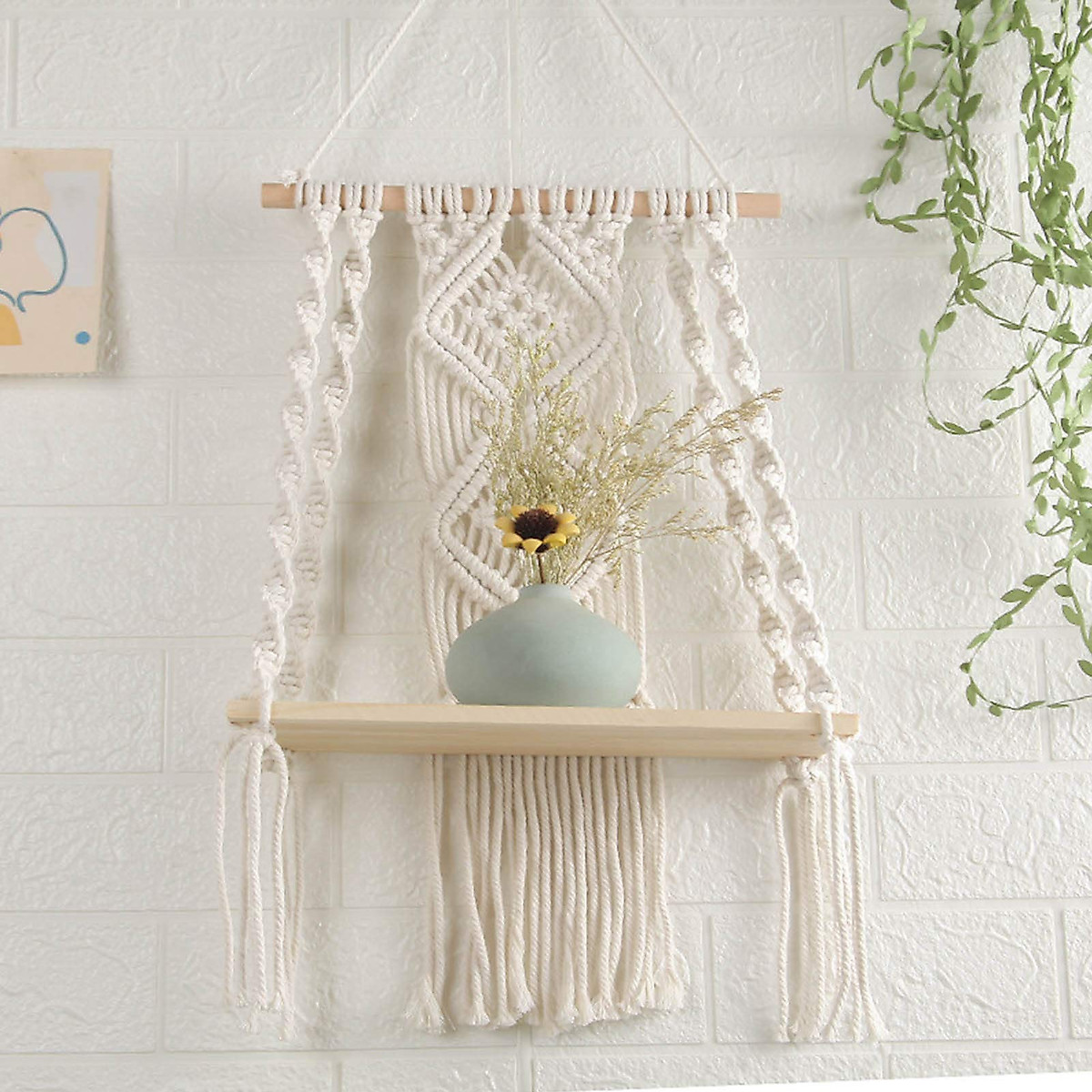 JnnRain Macrame Shelf Macrame Wall Hanging Shelf Beige Macrame Hanging Shelves White Macrame Wall Shelf Decor Plants Wall Shelf Home Decor