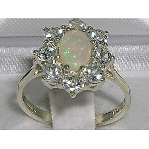 LetsBuyGold 925 Sterling Silver Real Genuine Opal and Aquamarine Womens Cluster Engagement Ring - Size 6