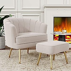 Andeworld Velvet Accent Chair with Ottoman, Upholstered Modern Single Sofa Side Chair,Comfy Barrel Club Living Room Armchair with Golden Metal Legs for Bedroom Living Reading Room Office, Beige