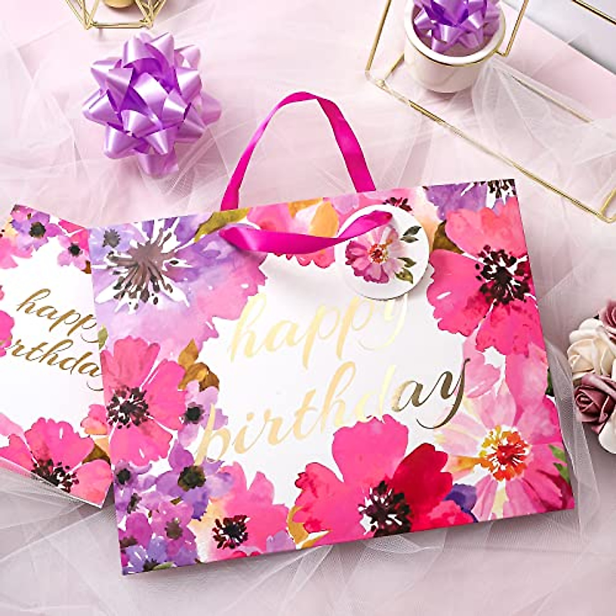 WRAPAHOLIC 13" Large Gift Bag with Card and Tissue Paper - Floral Gold Foil Happy Birthday