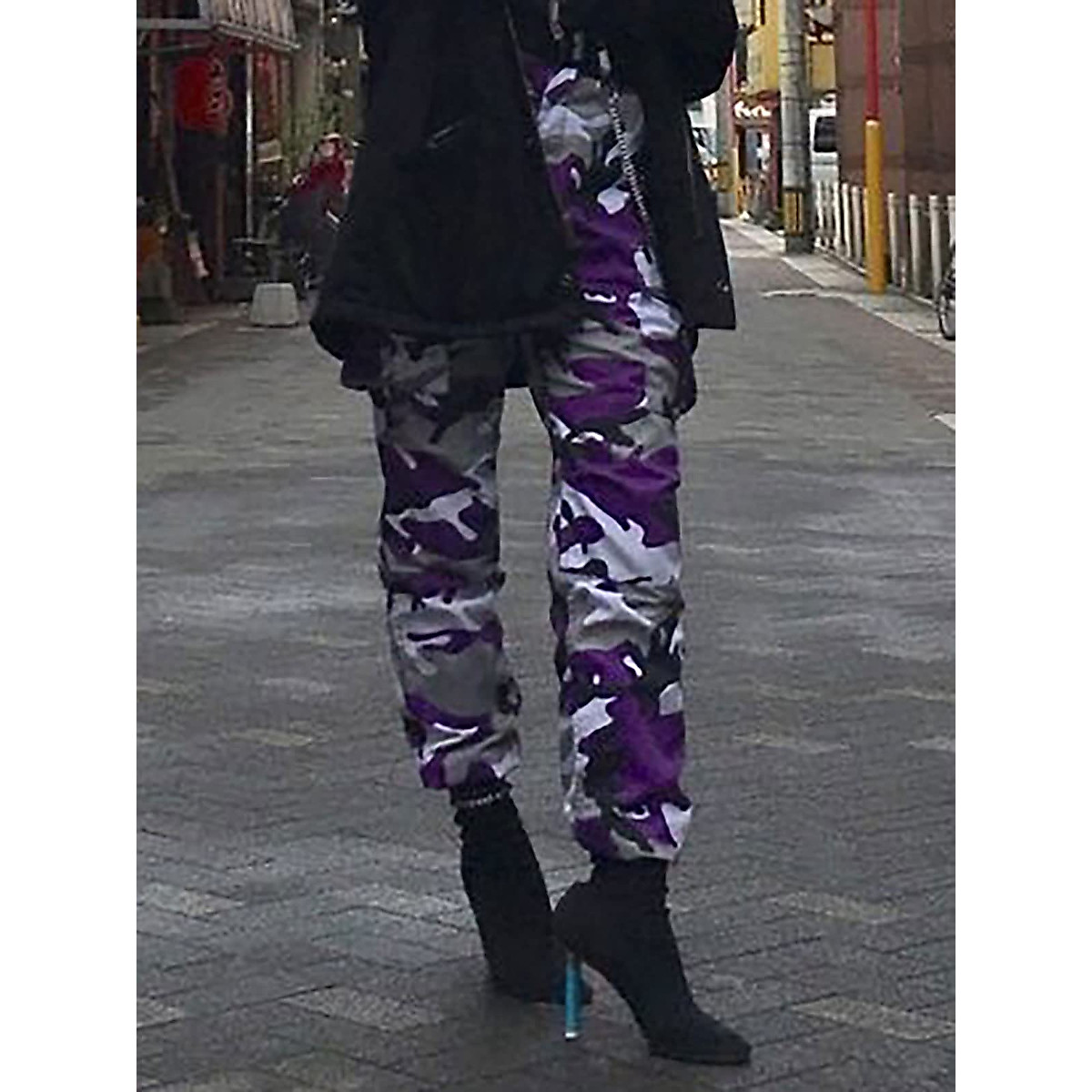 ZODLLS Women's Camo Pants Cargo Trousers Cool Camouflage Pants Elastic Waist Casual Jogger Pants with Pocket Purple Camo-M