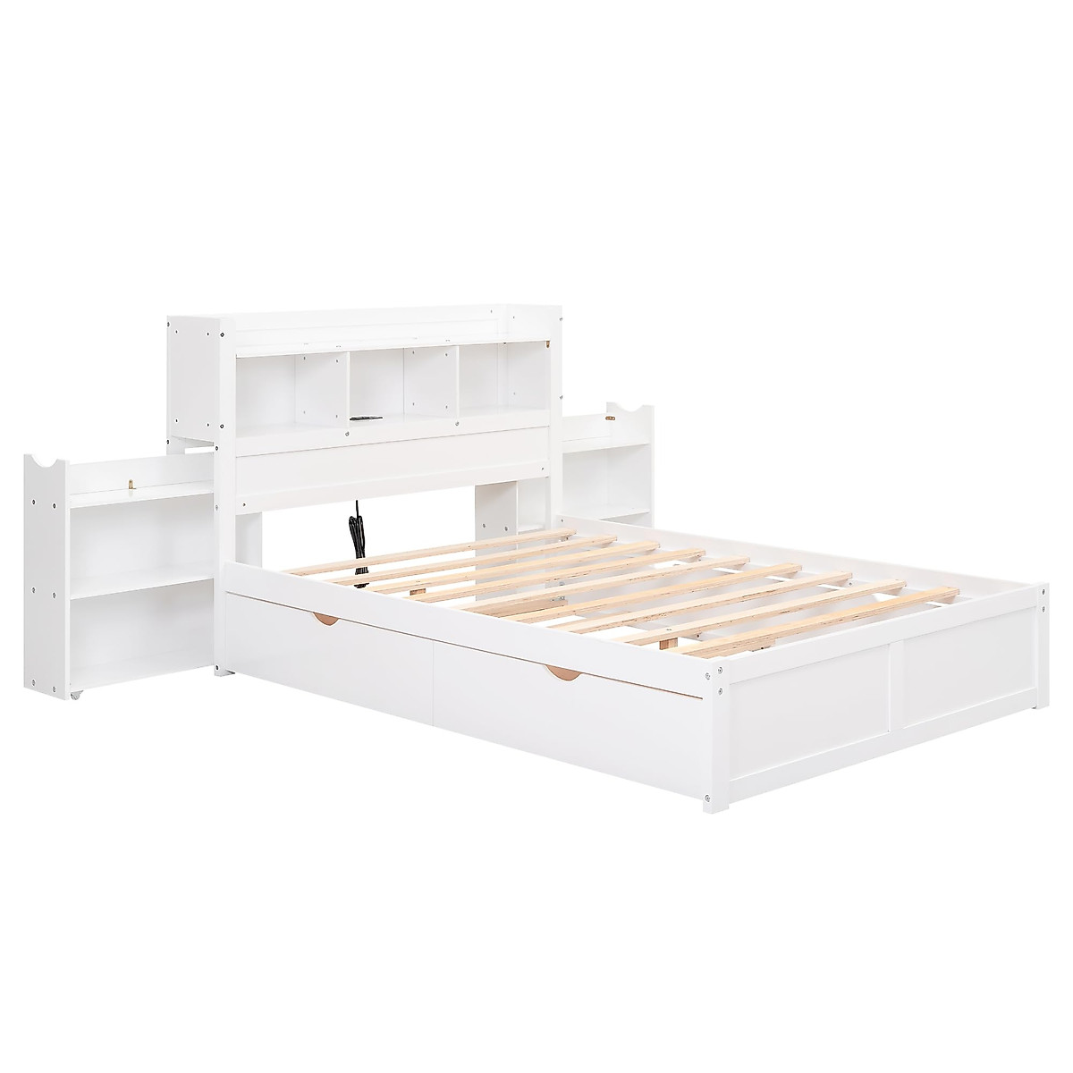 Full Storage Bed Frame with Twin Size Trundle,Bookcase Headboard and Charging Station,Wood Full Size Platform Bed with Pull Out Shelves and Drawers for Kids,Teens,Adults,Noise Free,White