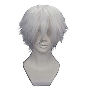 ANOGOL Hair Cap+ Short White Wig for Men Silver White Men's Cosplay Wig Short Silver Mixed White Anime Wigs with Bangs Ivory Hair Straight Fluffy Silvery Halloween Wigs Christmas Party Costume