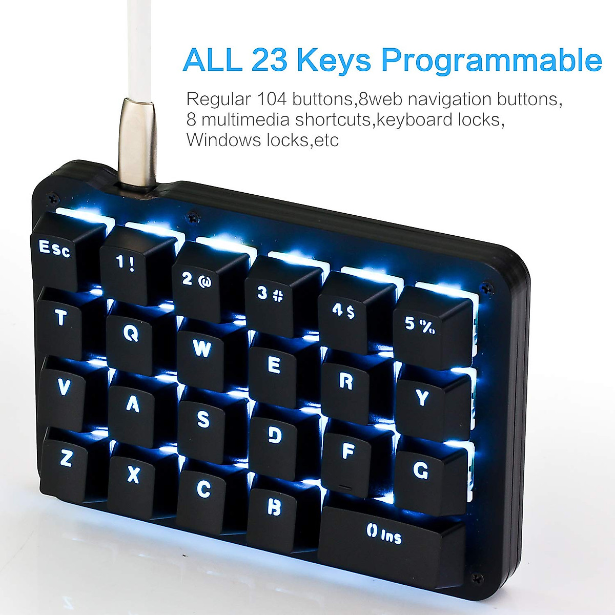 Koolertron One Handed Macro Mechanical Keyboard, Blue LED Backlit Portable Mini One-Handed Mechanical Gaming Keypad 23 Fully Programmable Keys Red Switches (Blue Backlit/Red switches)