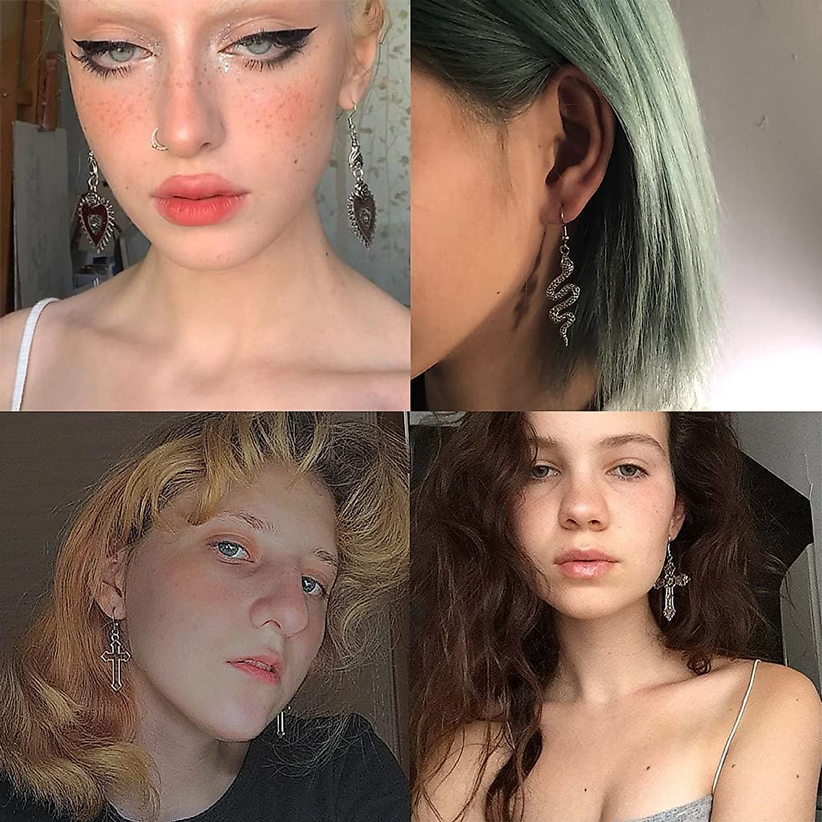 KURTCB Gothic Punk Vintage Earrings Set Grunge Y2k Jewelry Fairy Rock Harajuku Snake Evil Eye Hear Cross Skeleton Crystal Dangle Halloween Earrings for Women