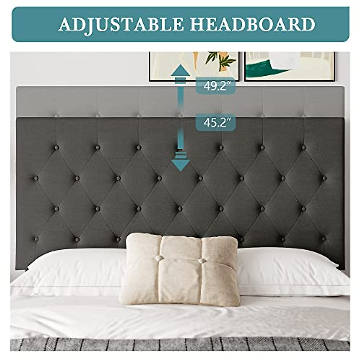 HOOMIC Queen Bed Frame with Adjustable Diamond Tufted Headboard / Fabric Upholstered Platform Bed Frame / Mattress Foundation / Wooden Slats / No Box Spring Needed / Easy Assembly, Dark Grey