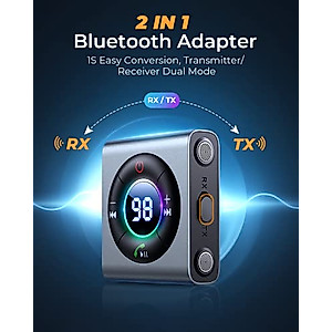 JOYROOM Bluetooth 5.3 Transmitter and Receiver 2 in 1 [LED Screen & Enhanced Dual Mics] Wireless Audio Adapter for Car/TV/Home Stereo/Headphone/Speaker/Airplane/Boat/Gym, AUX Bluetooth Adapter