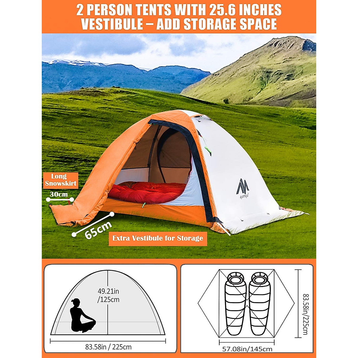 AYAMAYA 4 Season Backpacking Tent 2 Person Camping Tent Ultralight Waterproof All Weather Double Layer Two Doors Easy Setup 1 2 People Man Tents for Backpacker Outdoor Hiking