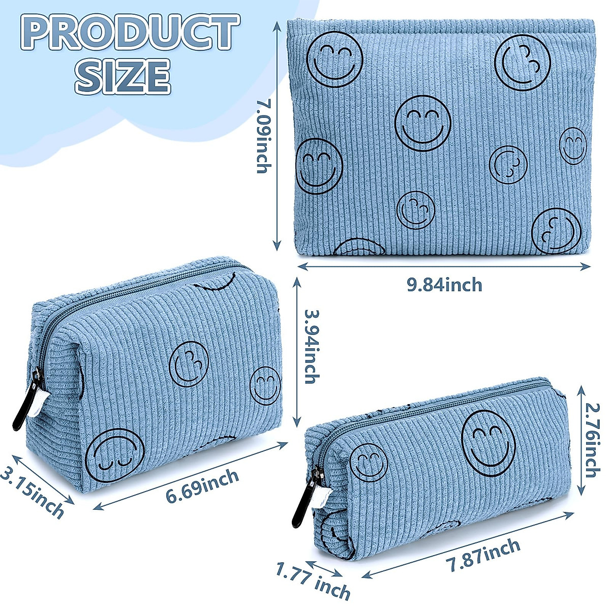3 Pcs Smile Face Makeup Bag Corduroy Cosmetic Bag 3 Sizes Aesthetic Preppy Makeup Bags for Women Teen Girls Corduroy Toiletry Pouch Travel Smile Dots Bags Washable Skincare Bag (Light Blue Grey)