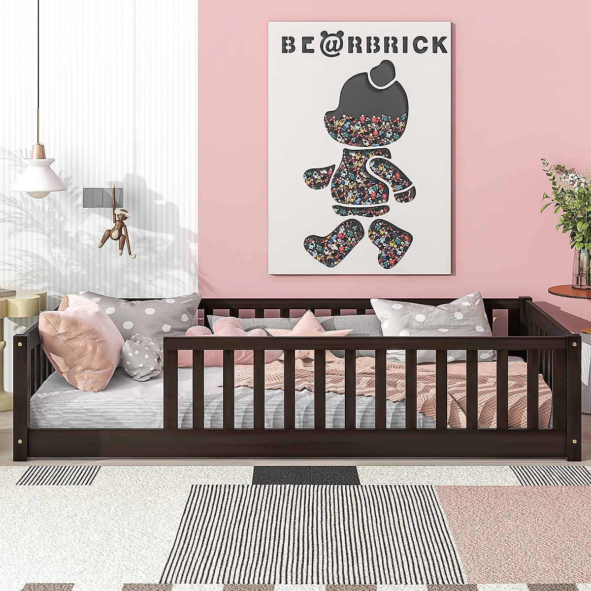 HomSof Twin Floor Platform Bed with Fence Without Door, Espresso