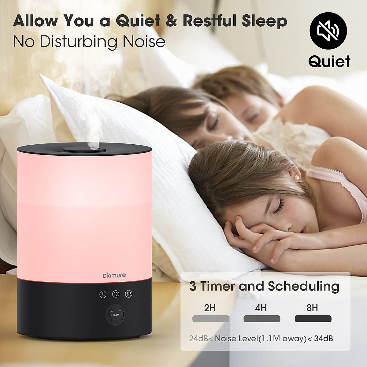 Humidifiers for Bedroom Large Room, Ultrasonic Cool Mist Humidifier Top Fill, 28dB Quiet Baby Air Humidifier with Night Light 7 Color, 28H Diffuser for Plants, Timer, Auto Shut-Off, 2.5L, Black