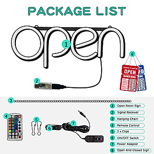 Tekstap Open LED Signs for Business Window, RGB Color Changing Open Neon Sign, 16x6 inches LED Open Sign Lighted with Remote Control & Power Adapter for Storefront/Business Window Restaurant/Bar/Salon