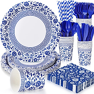 Hushee 225 Pcs Blue and White Flower Disposable Tableware Set for 25 Guests 9 Inch 7 Inch Elegant Floral Paper Plates Cups Straws Napkins Knives Forks Spoons for Bridal Shower Wedding Birthday Party