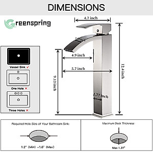 Greenspring Brushed Nickel Bathroom Faucet Vessel Sink Single Hole Single Handle Waterfall Spout Lavatory Commercial Bath Vanity Bowl Faucets Tall Body Supply Line Lead-Free